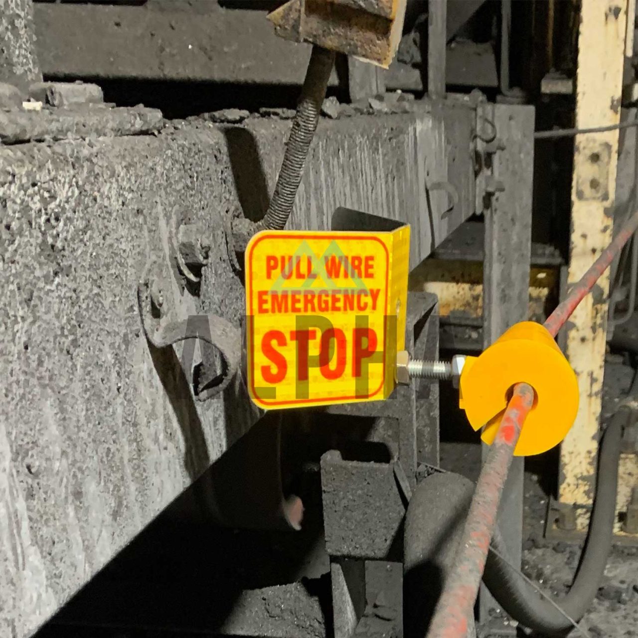 Conveyor Pigtail Emergency Stop Pullwire Sign - Alpha Mining Equipment