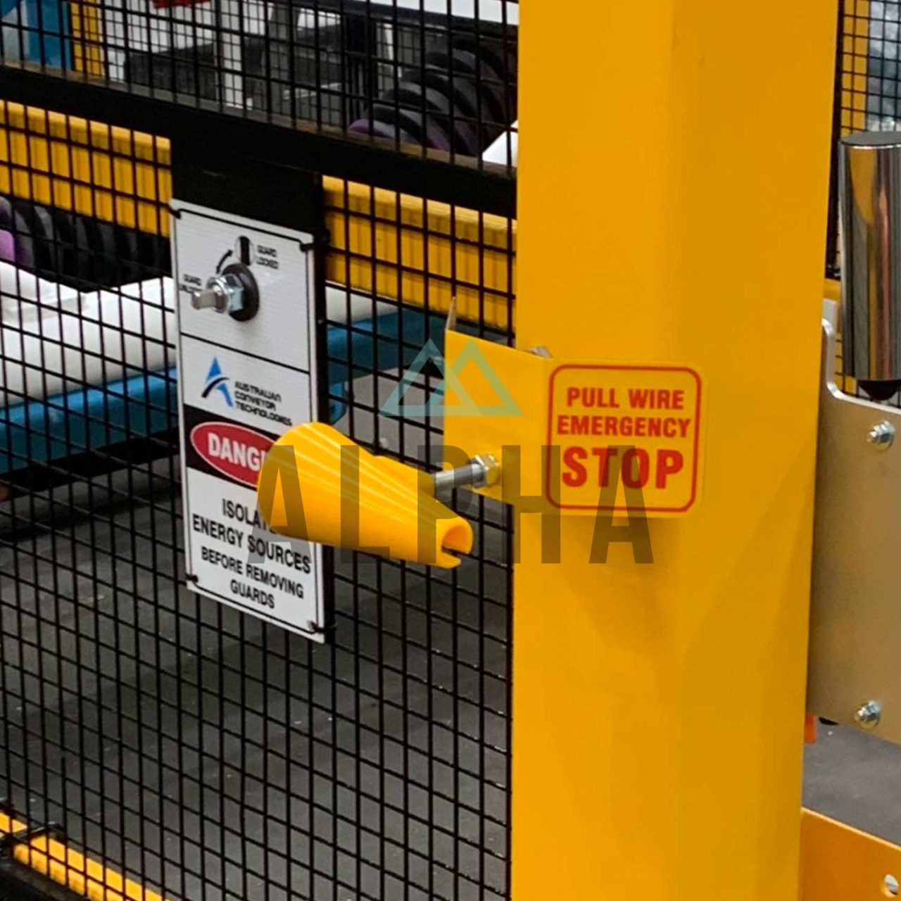Conveyor Pigtail Emergency Stop Pullwire Sign - Alpha Mining Equipment